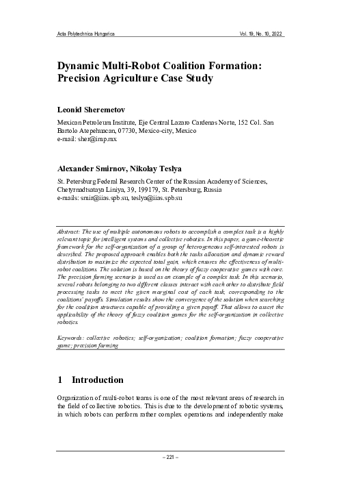(PDF) Dynamic Multi-Robot Coalition Formation: Precision Agriculture Case Study | Leonid ...