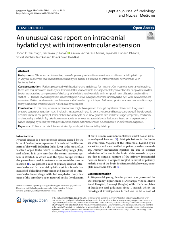 (PDF) An unusual case report on intracranial hydatid cyst with ...