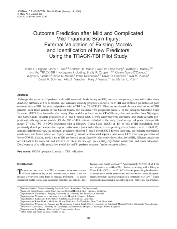 (PDF) Outcome Prediction after Mild and Complicated Mild Traumatic ...