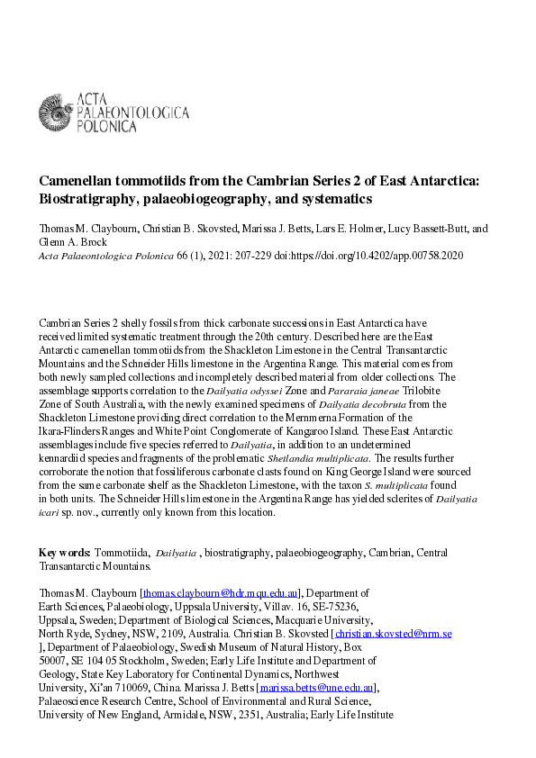 (PDF) Camenellan tommotiids from the Cambrian Series 2 of East ...