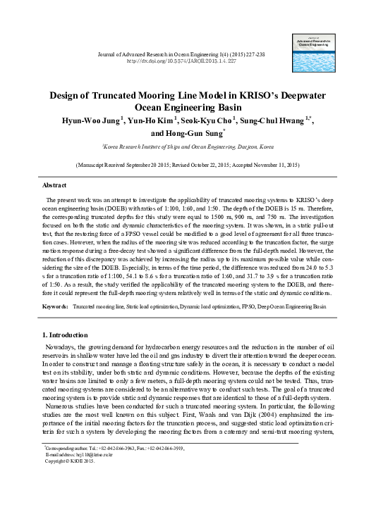 (PDF) Design of Truncated Mooring Line Model in KRISO's Deepwater Ocean ...