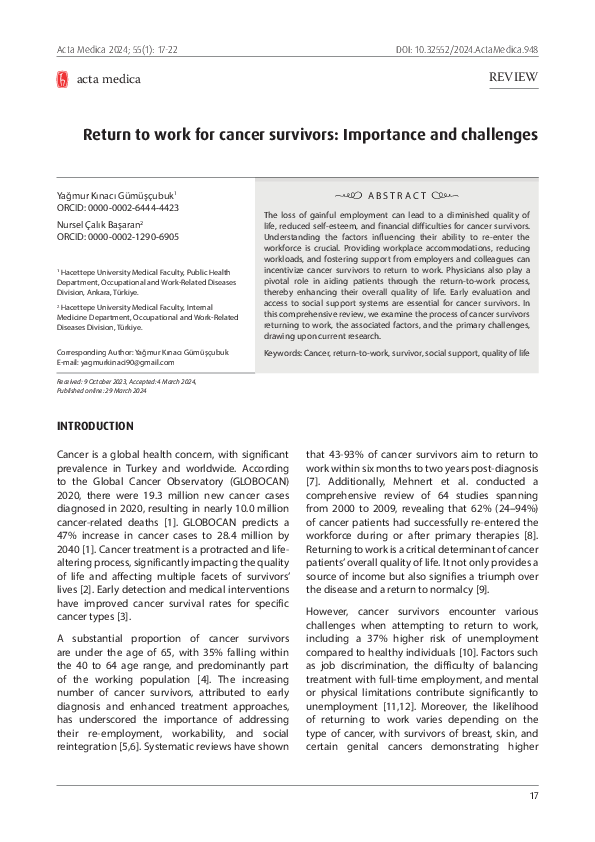 (PDF) Return to work for cancer survivors: Importance and challenges