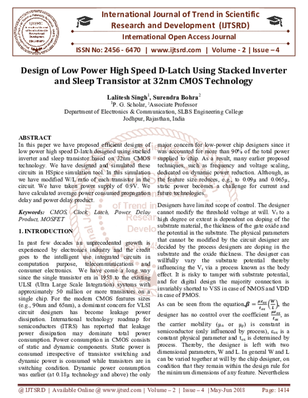 (PDF) Design of Low Power High Speed D-Latch Using Stacked Inverter and ...