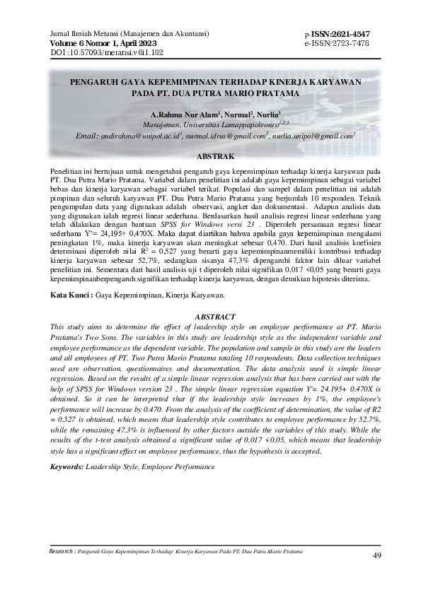 (PDF) KINERJA KARYAWAN PADA PT. DUA PUTRA MARIO PRATAMA PENGARUH GAYA KEPEMIMPINAN TERHADAP ...