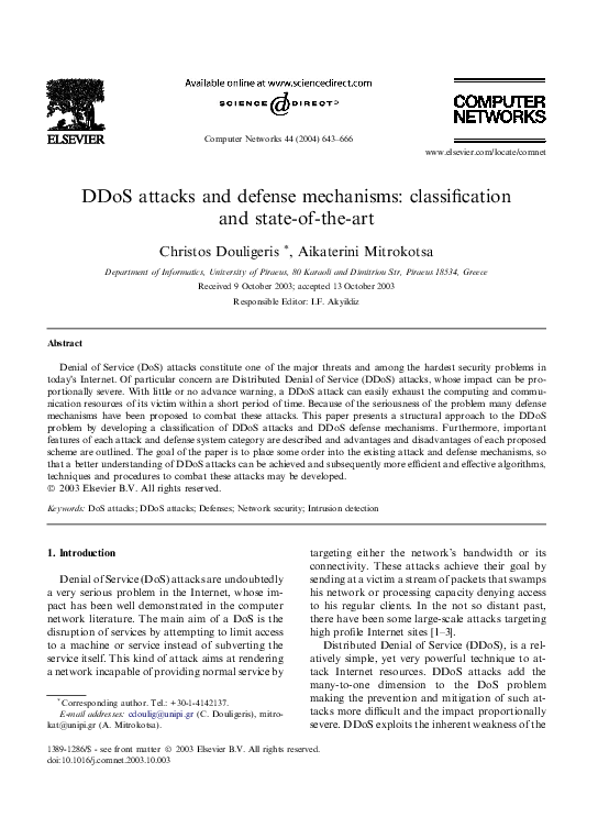 (PDF) DDoS attacks and defense mechanisms: classification and state-of-the-art