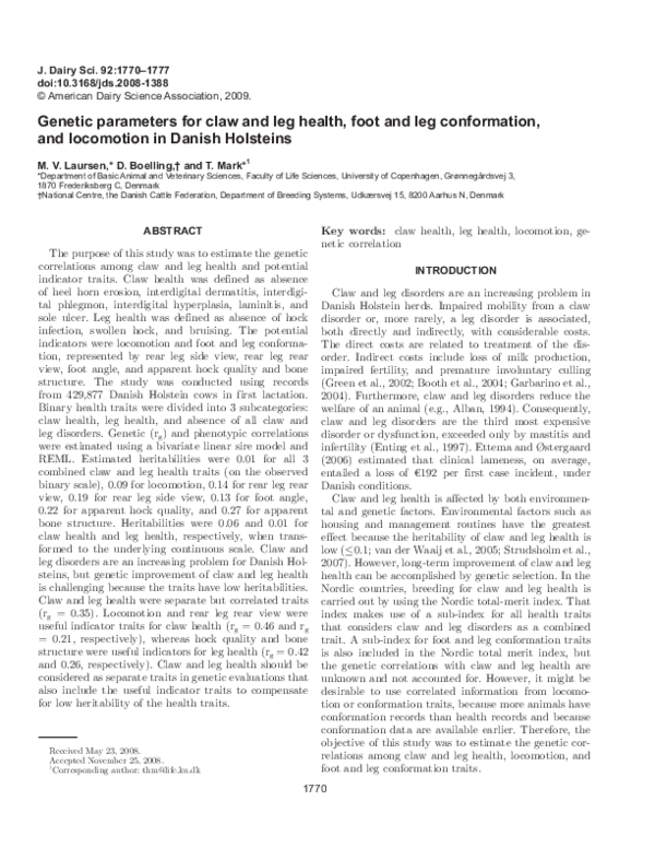 (PDF) Genetic parameters for claw and leg health, foot and leg ...