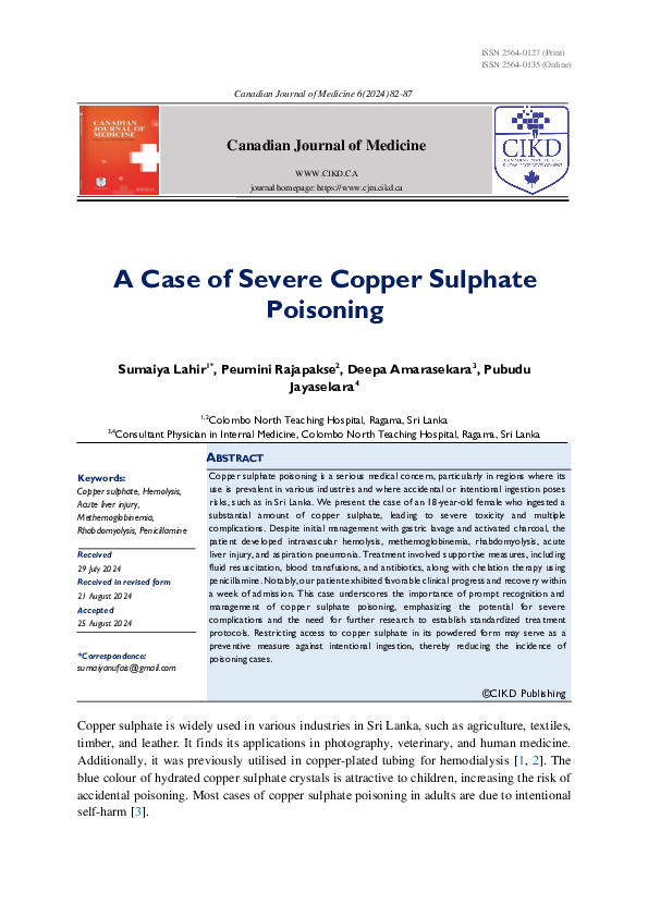 (PDF) A Case of Severe Copper Sulphate Poisoning