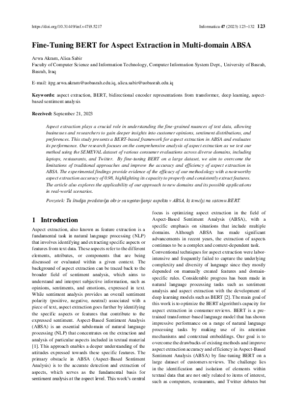 Pdf Fine Tuning Bert For Aspect Extraction In Multi Domain Absa