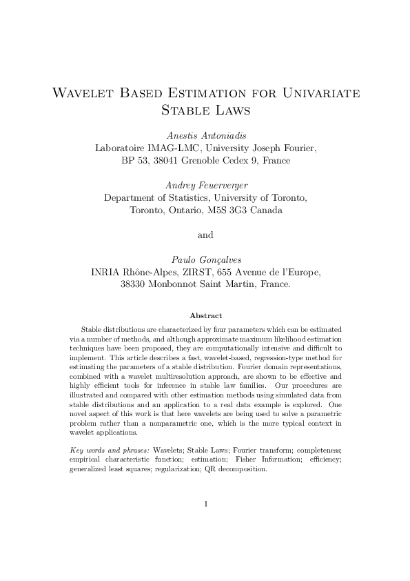 (PDF) Wavelet-Based Estimation for Univariate Stable Laws