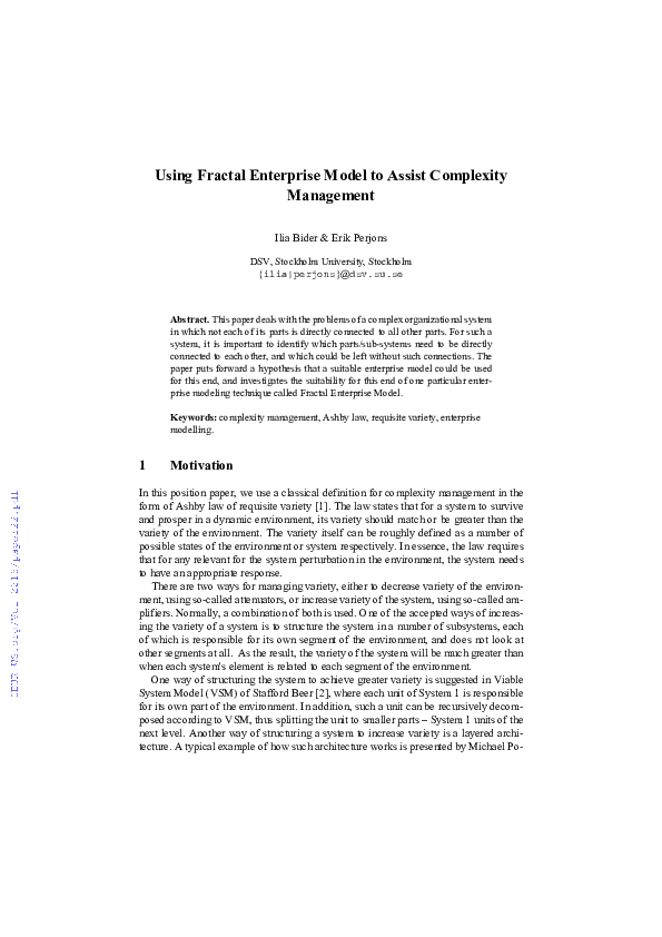 (PDF) Using Fractal Enterprise Model to Assist Complexity Management