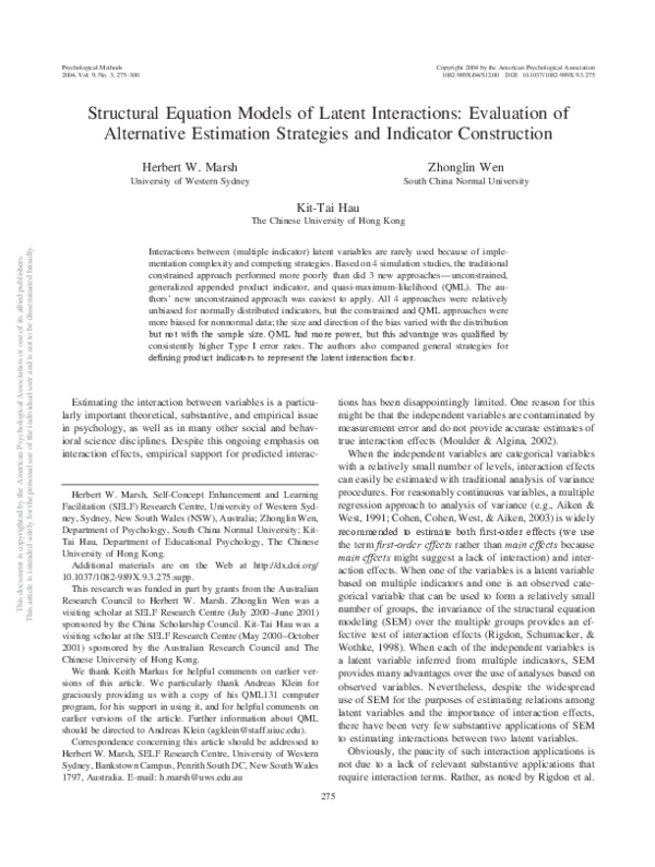 (PDF) Structural Equation Models of Latent Interactions: An Appropriate ...