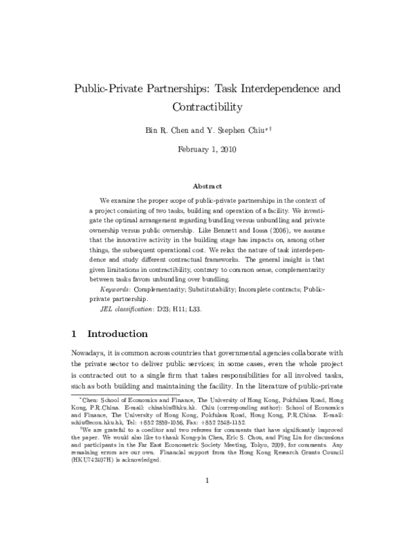 (PDF) Public–private partnerships: Task interdependence and contractibility