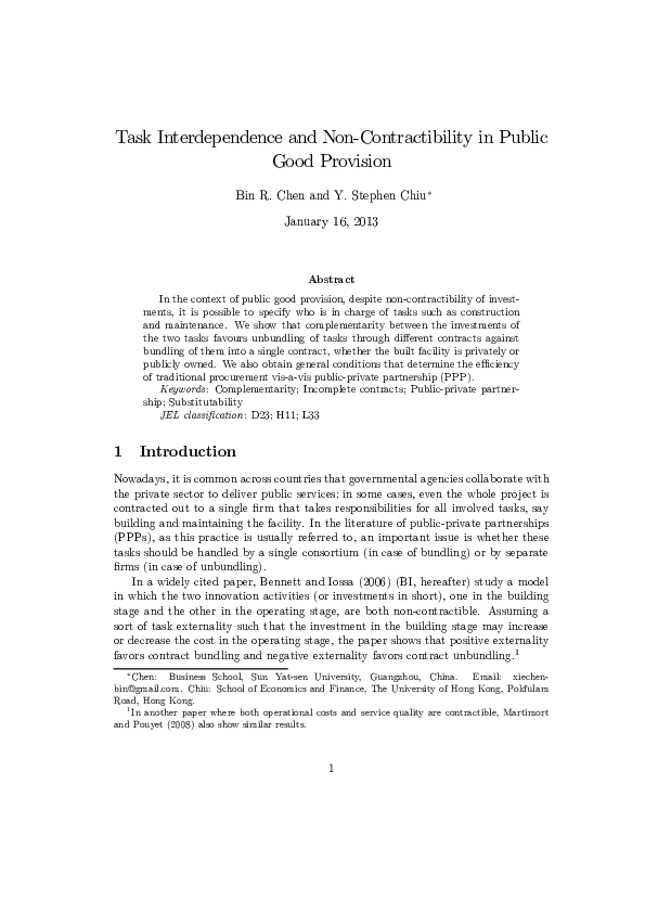 (PDF) Task Interdependence and Noncontractibility in Public-Good Provision