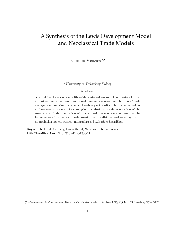 (PDF) A Synthesis of the Lewis Development Model and Neoclassical Trade ...