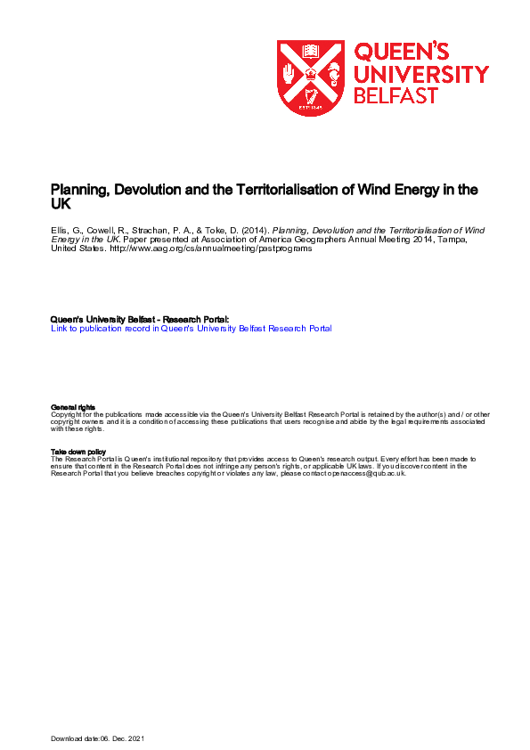 (PDF) Planning, Devolution and the Territorialisation of Wind Energy in the UK