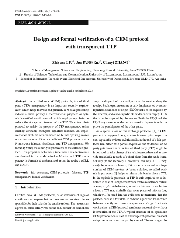 (PDF) Design and formal verification of a CEM protocol with transparent TTP