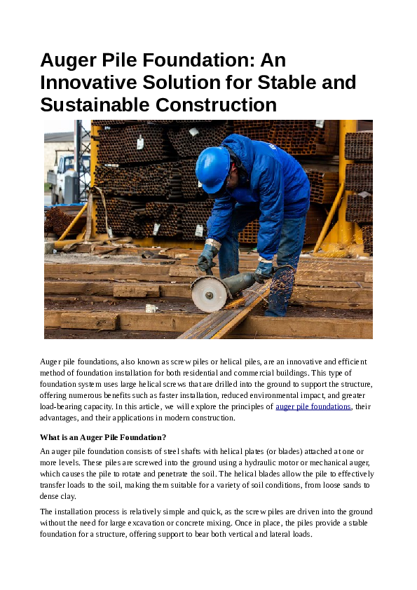 (PDF) Auger Pile Foundation: An Innovative Solution for Stable and ...