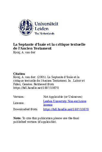 (PDF) La Septante d'Isaïe et la critique textuelle de l'Ancien Testament