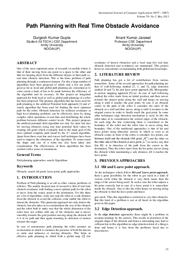 Pdf Path Planning With Real Time Obstacle Avoidance