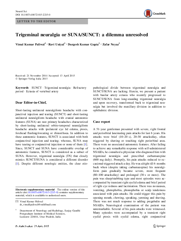(PDF) Trigeminal neuralgia or SUNA/SUNCT: a dilemma unresolved