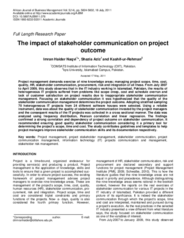 (PDF) The impact of stakeholder communication on project outcome