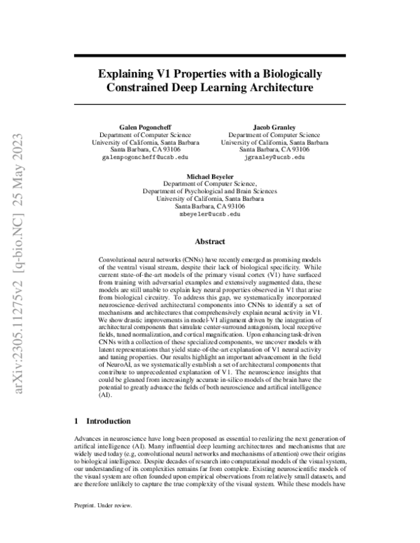 (PDF) Explaining V1 Properties with a Biologically Constrained Deep Learning Architecture