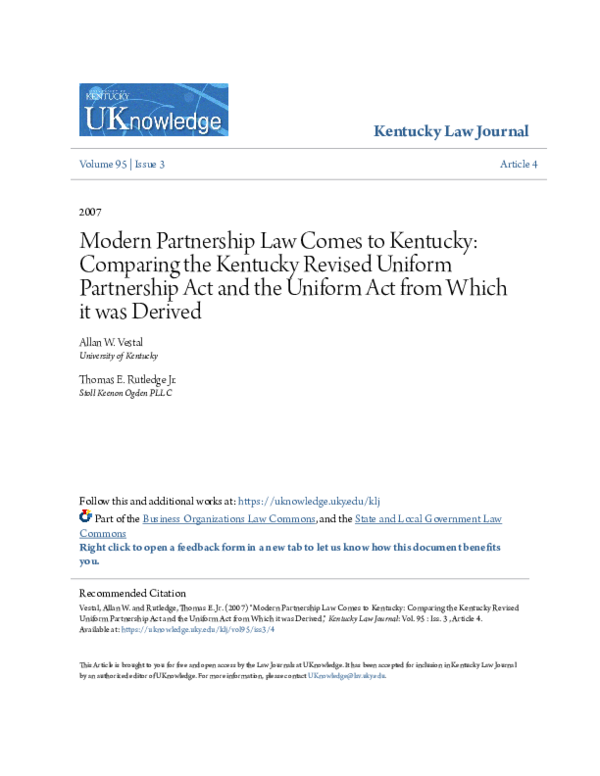 (PDF) Modern Partnership Law Comes to Kentucky: Comparing the Kentucky ...