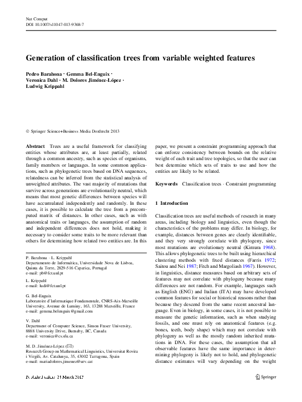 (PDF) Generation of classification trees from variable weighted features