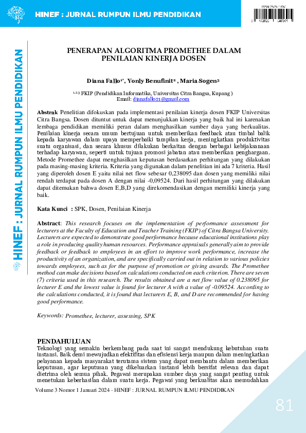 (PDF) Penerapan Algoritma Promethee Dalam Penilaian Kinerja Dosen