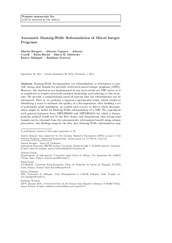 (PDF) Automatic Dantzig–Wolfe reformulation of mixed integer programs
