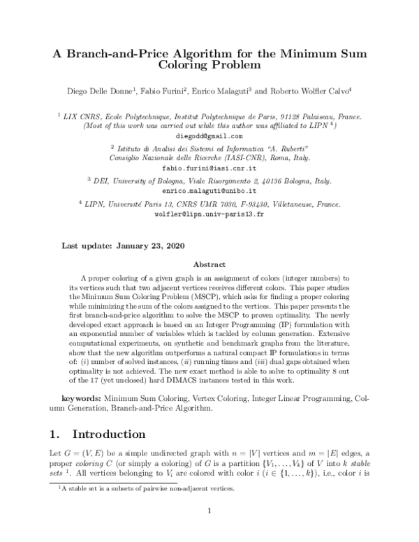 Pdf A Branch And Price Algorithm For The Minimum Sum Coloring Problem 