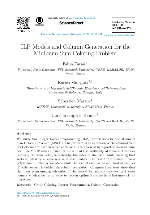(PDF) ILP Models and Column Generation for the Minimum Sum Coloring Problem