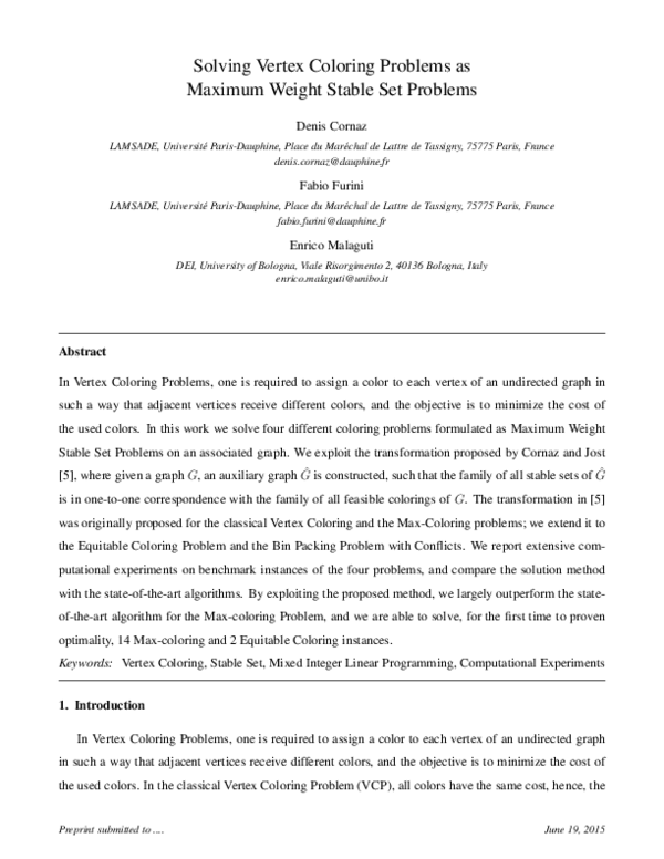 (PDF) Solving Vertex Coloring Problems as Maximum Weighted Stable Set Problems