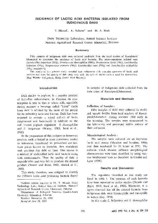(PDF) Incidence of lactic acid bacteria isolated from indigenous Dahi