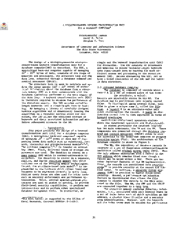 (PDF) A microprogrammed keyword transformation unit for a database computer