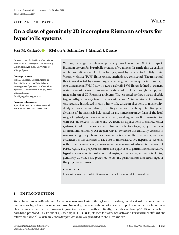 (PDF) On a class of genuinely 2D incomplete Riemann solvers for hyperbolic systems