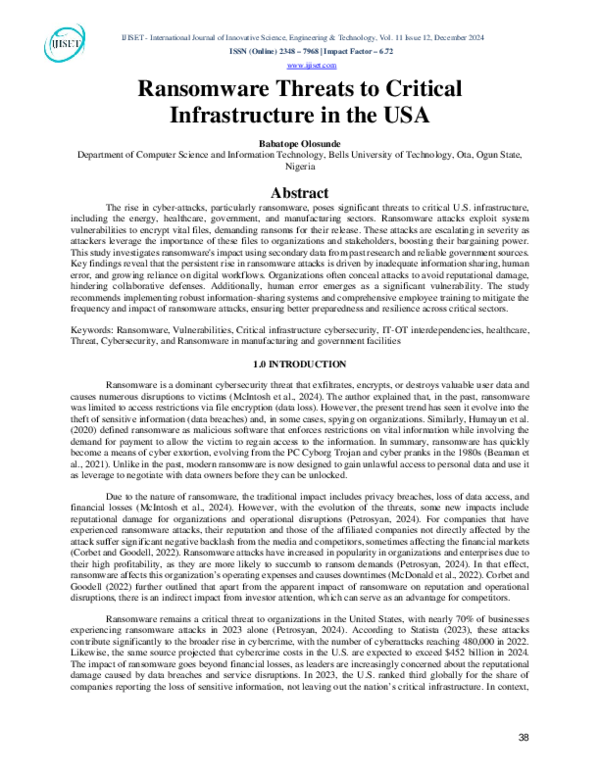 (PDF) Ransomware Threats to Critical Infrastructure in the USA