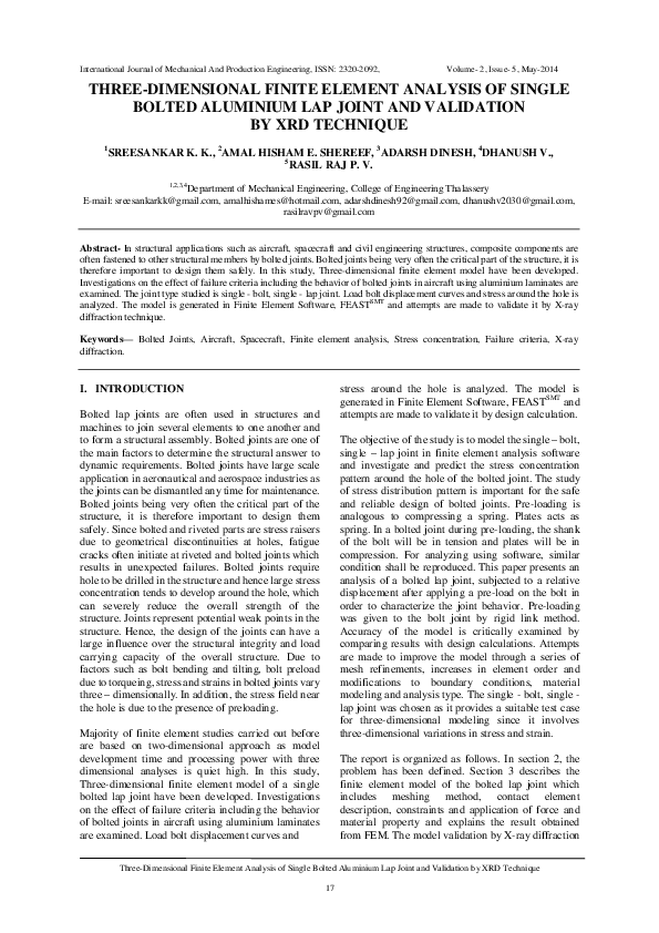 (PDF) Three-Dimensional Finite Element Analysis of Single Bolted Aluminium Lap Joint and ...