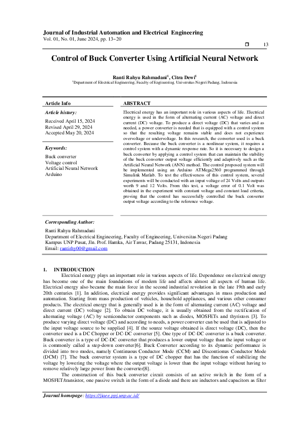 (PDF) Control of Buck Converter Using Artificial Neural Network