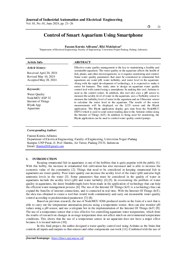 (PDF) Control of Smart Aquarium Using Smartphone