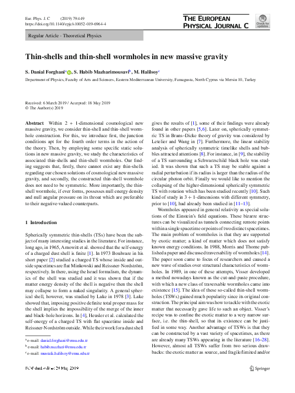 (PDF) Thin-shells and thin-shell wormholes in new massive gravity | Danial Forghani - Academia.edu