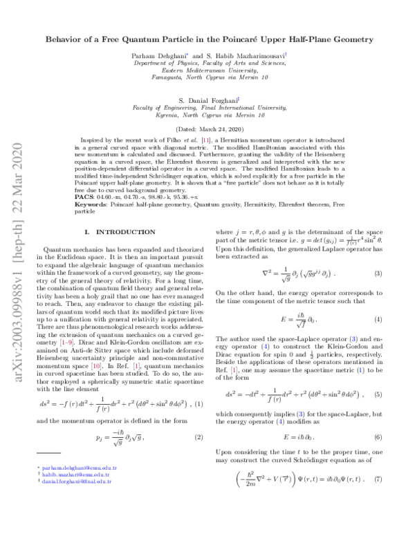 (PDF) Behavior of a free quantum particle in the Poincaré upper half-plane geometry