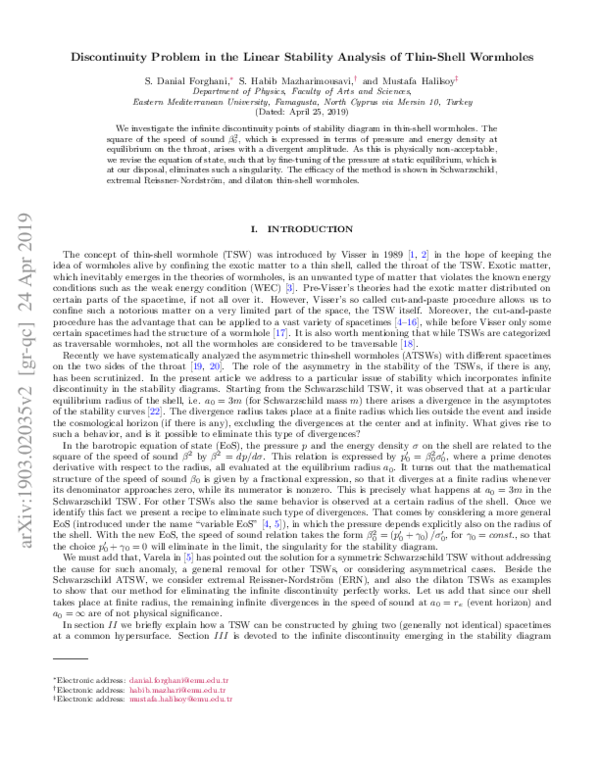 (PDF) Discontinuity problem in the linear stability analysis of thin-shell wormholes