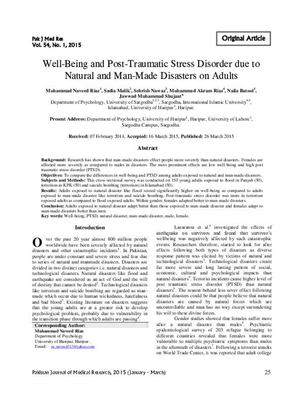 (PDF) Well-Being and Post-Traumatic Stress Disorder due to Natural and ...
