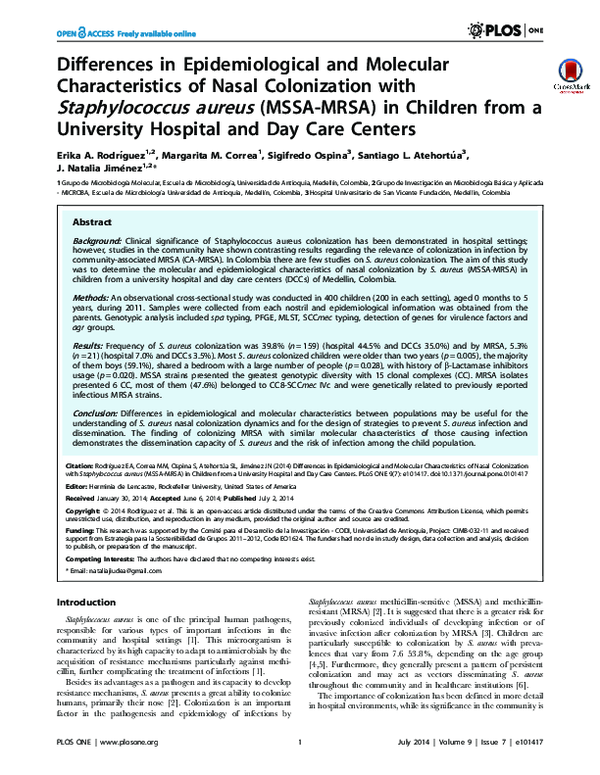 (PDF) Differences in Epidemiological and Molecular Characteristics of Nasal Colonization with ...