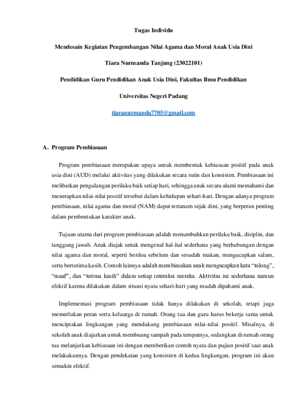 (PDF) Tugas Individu Mendesain Kegiatan Pengembangan Nilai Agama dan Moral Anak Usia Dini Tiara ...