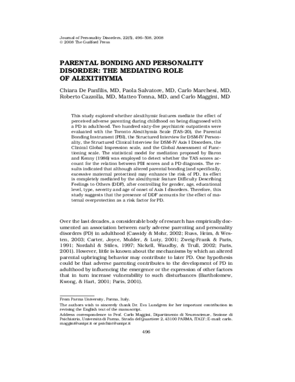 (PDF) Parental Bonding and Personality Disorder: The Mediating Role of Alexithymia