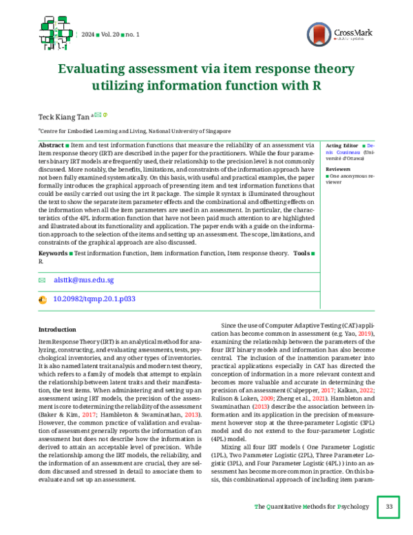(PDF) Evaluating Assessment via Item Response Theory Utilizing ...