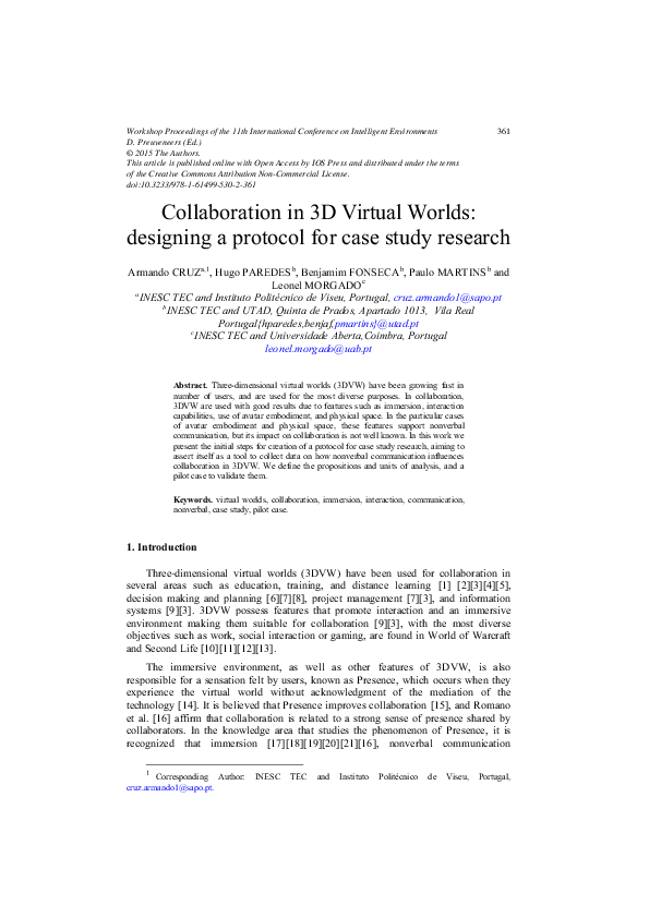 (PDF) Collaboration in 3D Virtual Worlds: designing a protocol for case study research