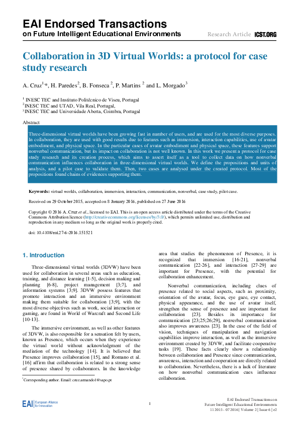 (PDF) Collaboration in 3D Virtual Worlds: a protocol for case study ...